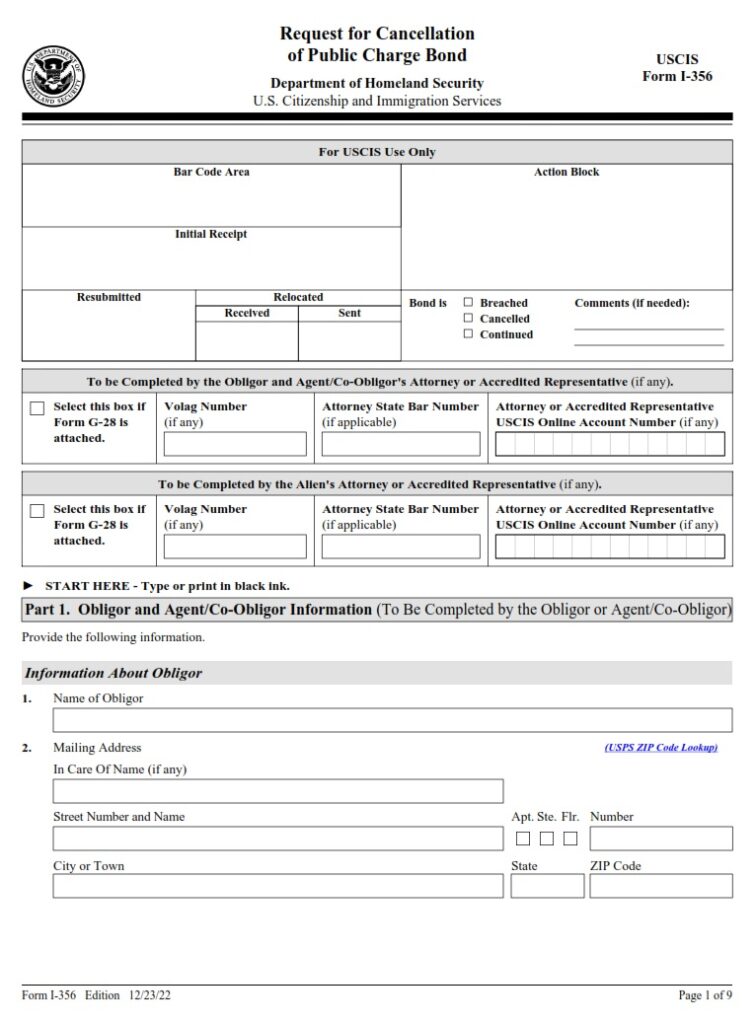 I-356 Form - Request For Cancellation Of Public Charge Bond | Free ...