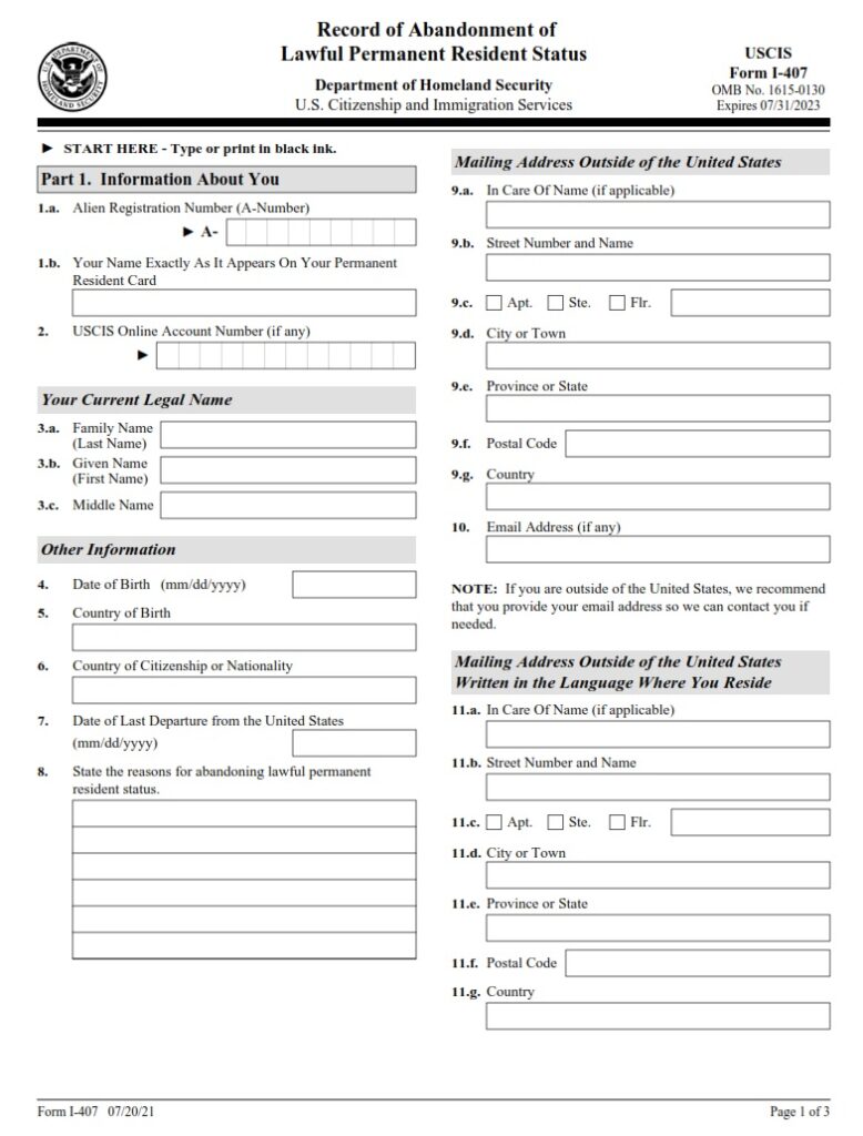 I-407 Form - Record Of Abandonment Of Lawful Permanent Resident Status ...