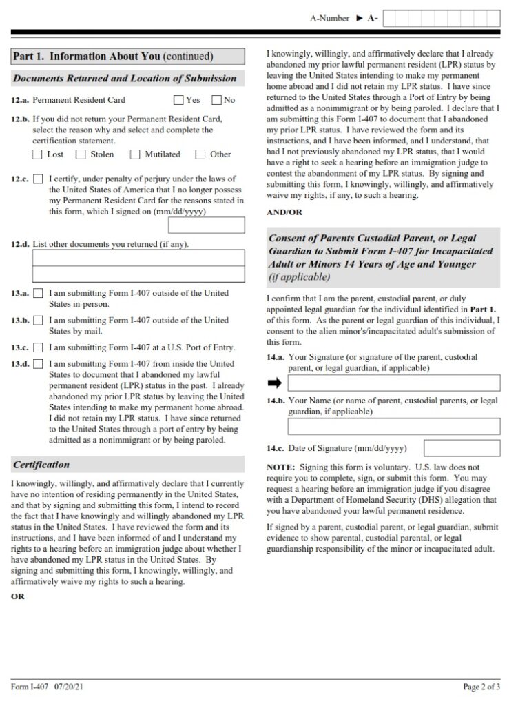 I-407 Form - Record Of Abandonment Of Lawful Permanent Resident Status ...