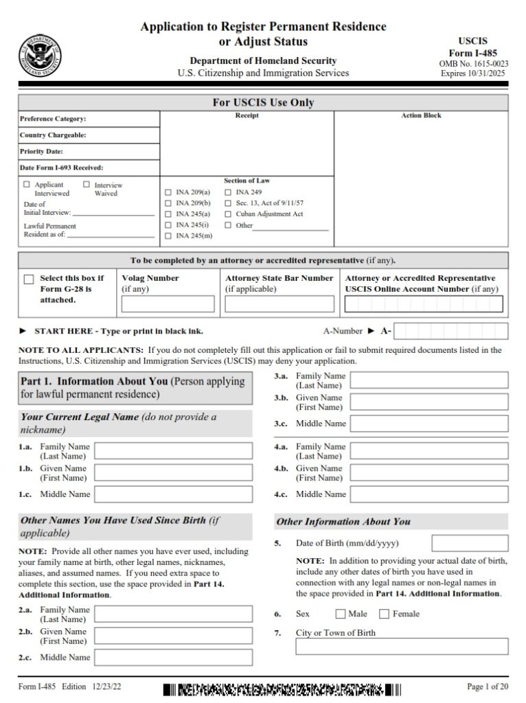 I-485 Form - Application To Register Permanent Residence Or Adjust ...