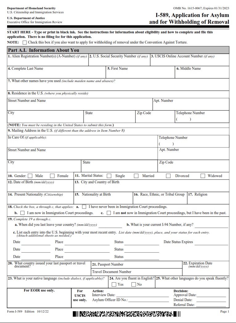 I 589 Form Application For Asylum And For Withholding Of Removal I 589 Form Application For Asylum And For Withholding Of Removal