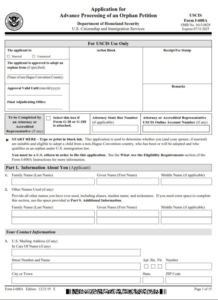 I-600A Form - Application For Advance Processing Of An Orphan Petition ...