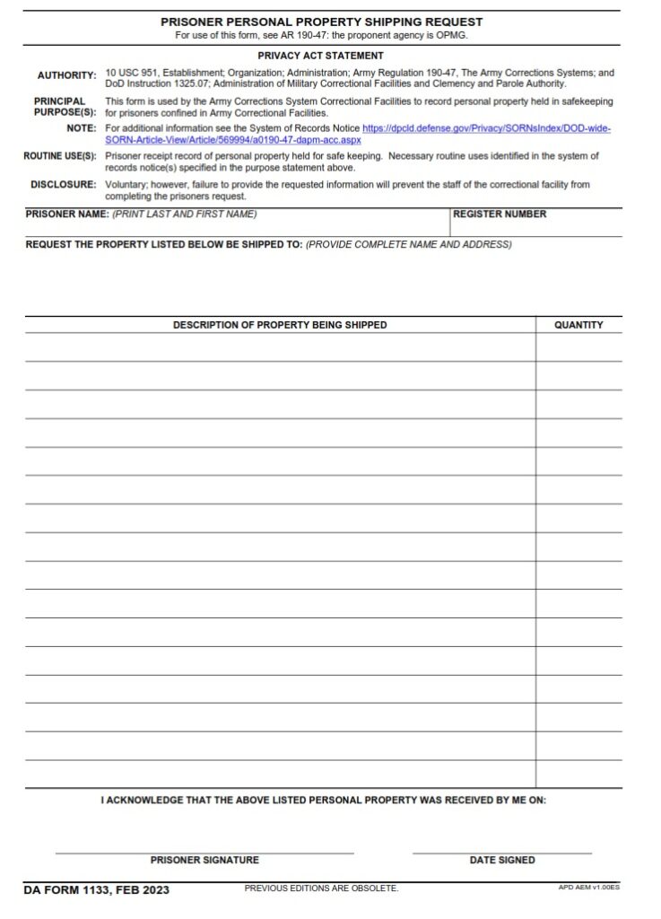 DA Form 1133 - Prisoner Personal Property Shipping Request | Free ...