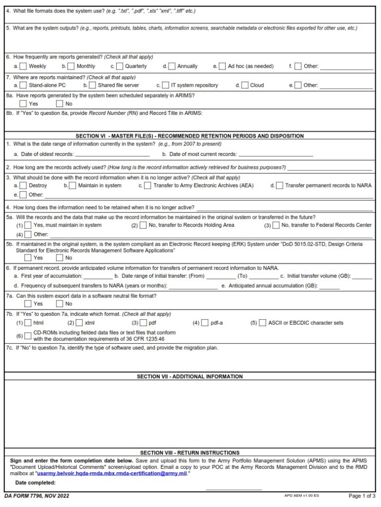 DA Form 7796 - Automated Information Systems (AIS) Questionnaire | Free ...