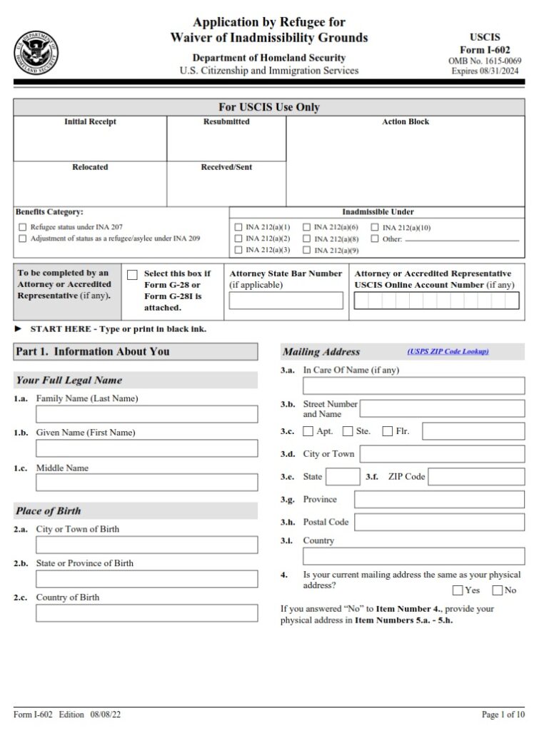 I-602 Form - Application By Refugee For Waiver Of Inadmissibility ...