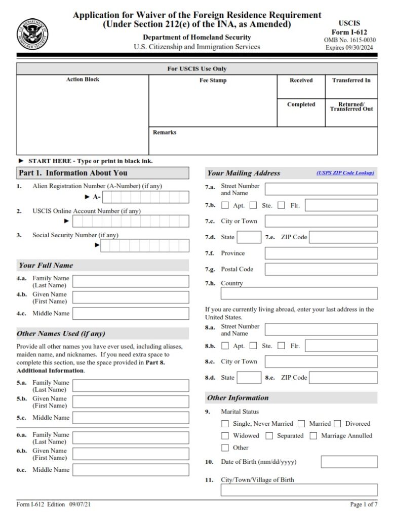 I-612 Form - Application For Waiver Of The Foreign Residence ...