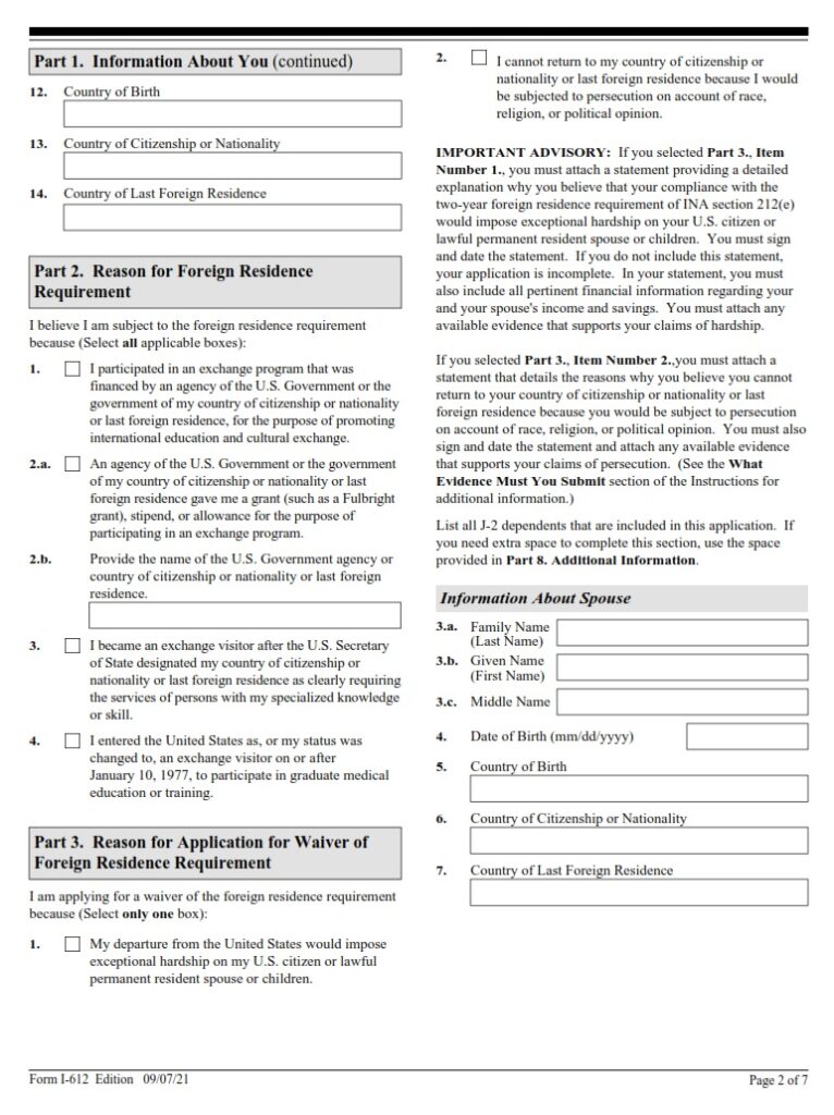 I-612 Form - Application For Waiver Of The Foreign Residence ...