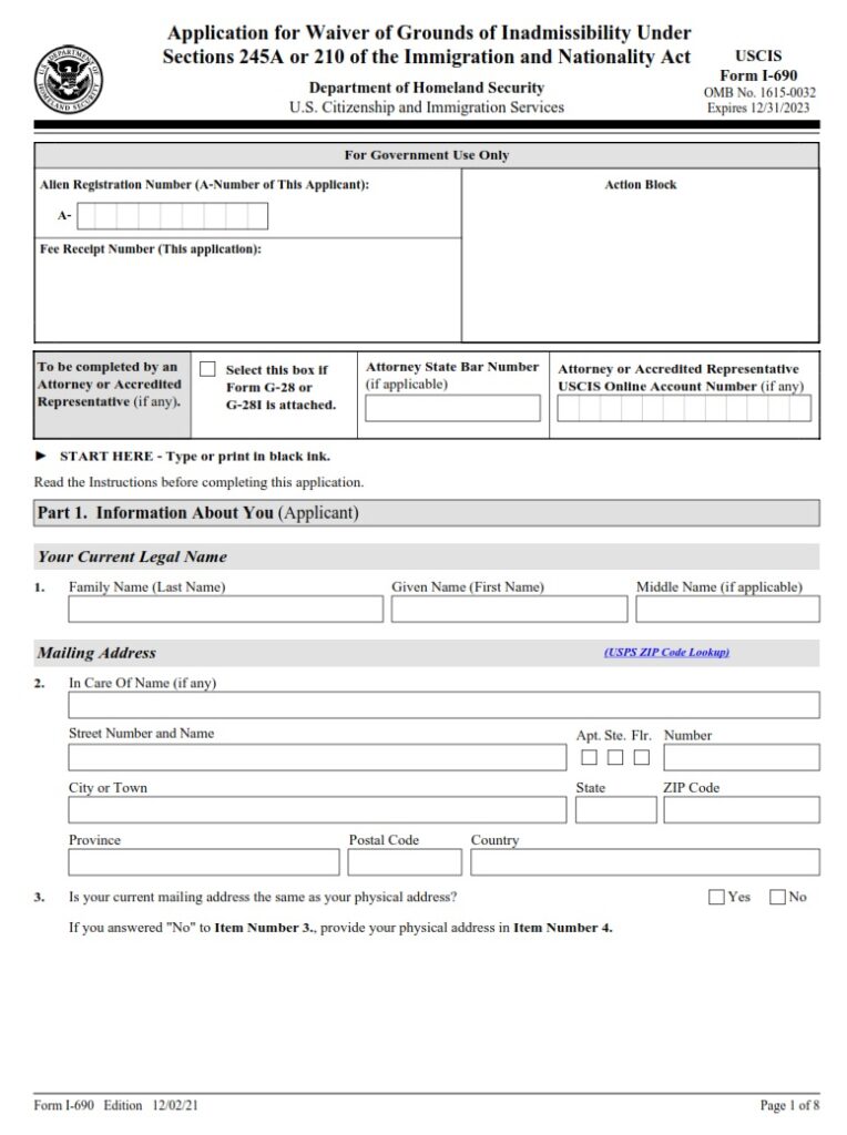 I-690 Form - Application For Waiver Of Grounds Of Inadmissibility Under ...