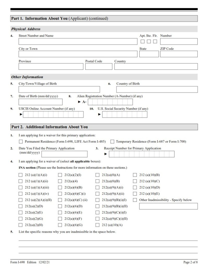 I-690 Form - Application For Waiver Of Grounds Of Inadmissibility Under ...