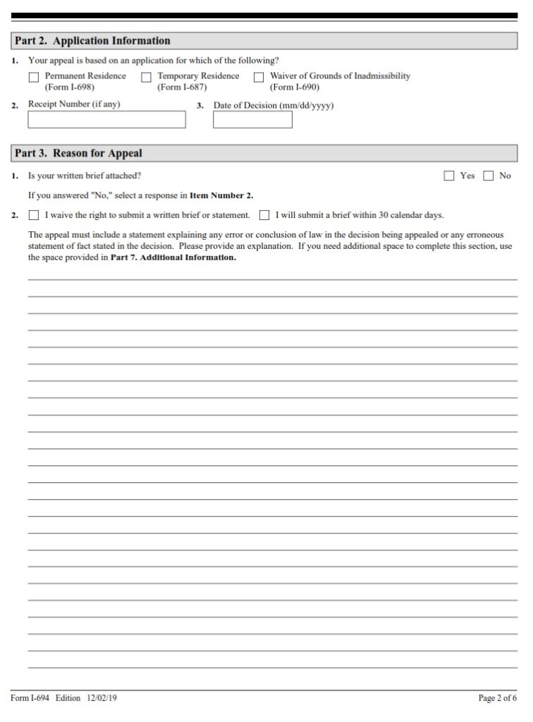 I-694 Form - Notice Of Appeal Of Decision Under Sections 245A Or 210 Of ...
