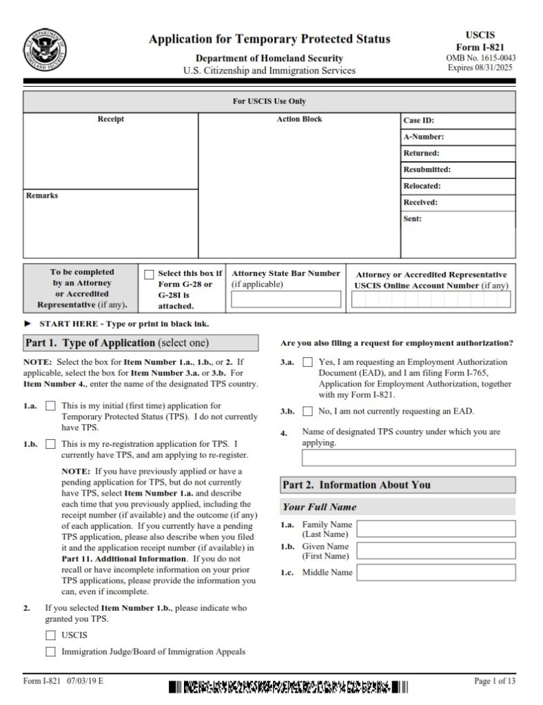 I-821 Form - Application For Temporary Protected Status | Free Online Forms
