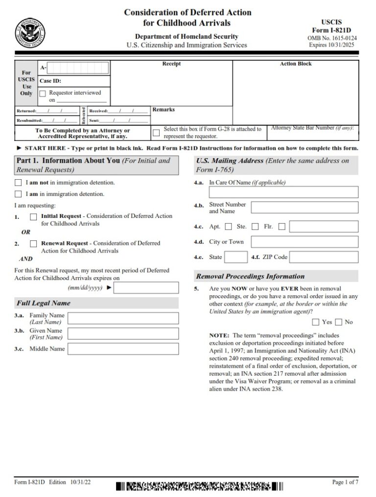 I-821D Form - Consideration Of Deferred Action For Childhood Arrivals ...