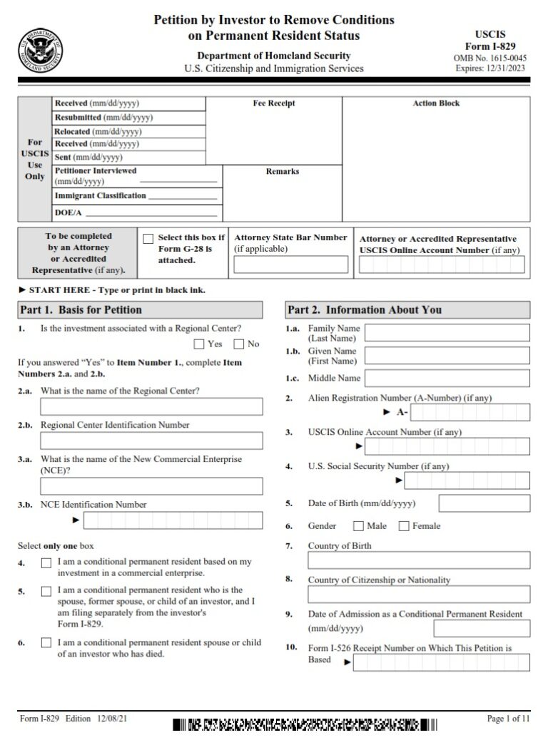 I-829 Form - Petition By Investor To Remove Conditions On Permanent ...