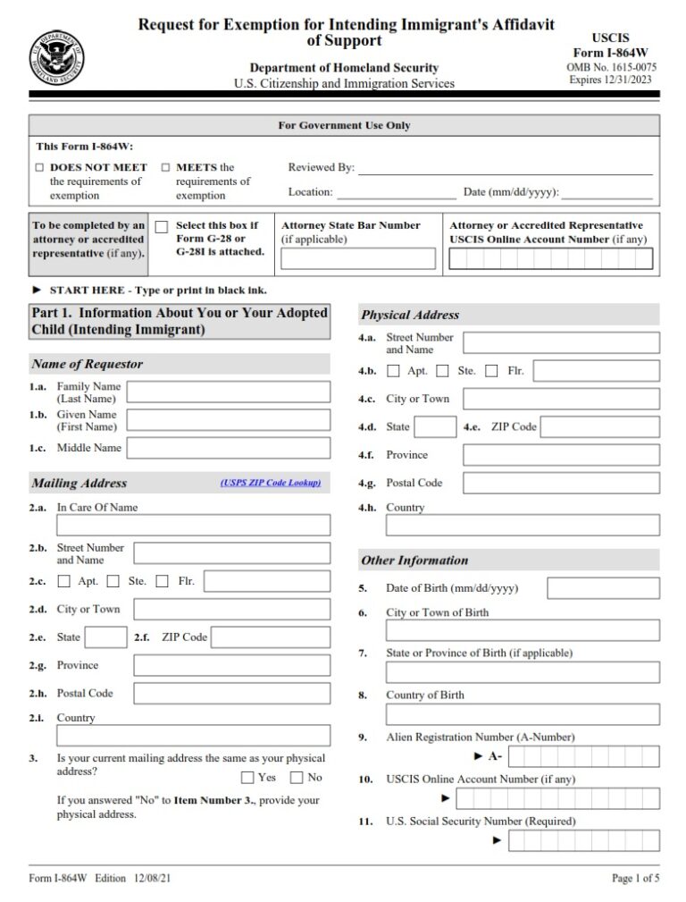I-864W Form - Request For Exemption For Intending Immigrant's Affidavit ...