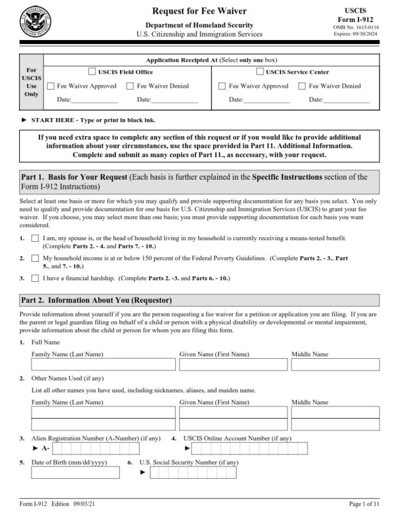 I-912 Form - Request For Fee Waiver - Filing The I-912 Form | Free ...
