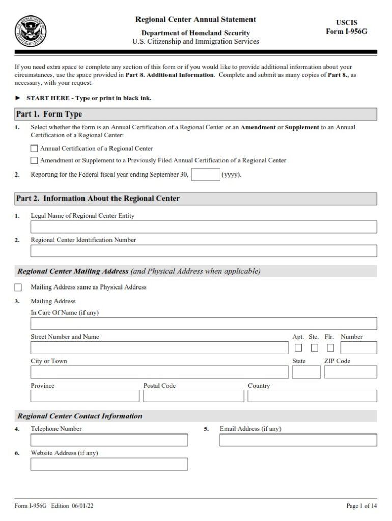 I-956G Form - Regional Center Annual Statement | Free Online Forms