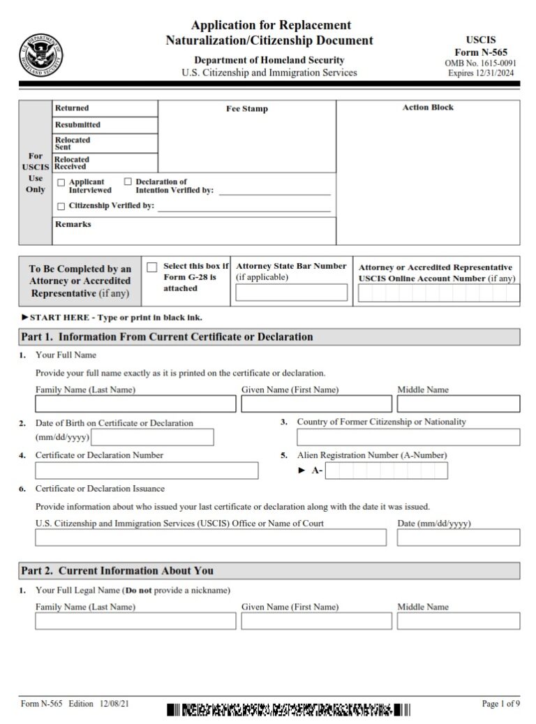 N-565 Form - Application For Replacement Naturalization/Citizenship ...