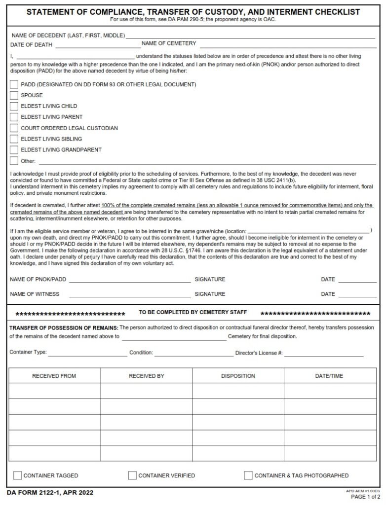 DA Form 2122-1 - Statement Of Compliance, Transfer Of Custody, And ...
