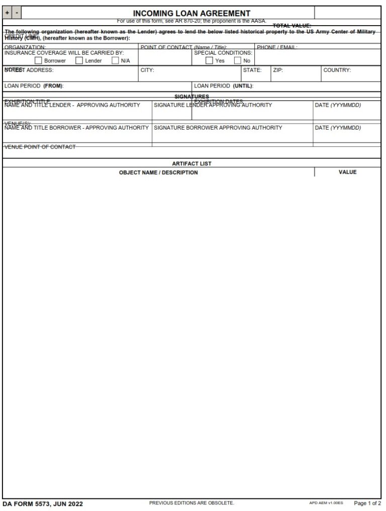 DA Form 5573 - Incoming Loan Agreement | Free Online Forms