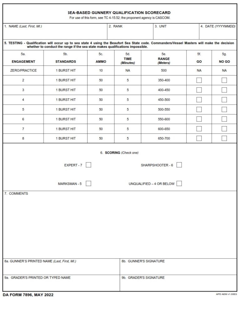 DA Form 7896 - Sea-Based Gunnery Qualification Scorecard | Free Online ...