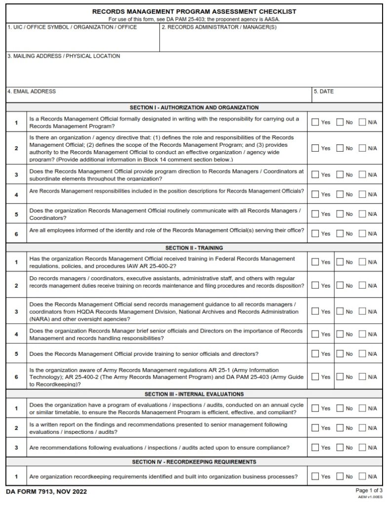 DA Form 7913 - Records Management Program Assessment Checklist | Free ...