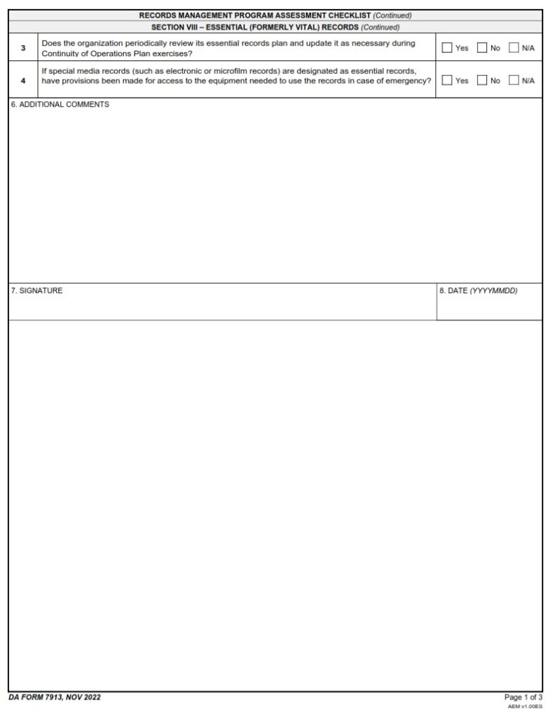 DA Form 7913 - Records Management Program Assessment Checklist | Free ...