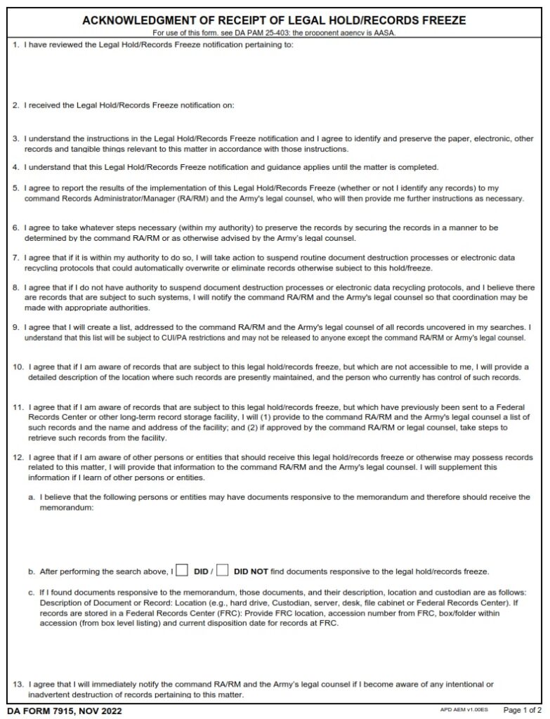 DA Form 7915 - Acknowledgment Of Receipt Of Legal Hold/Records Freeze ...