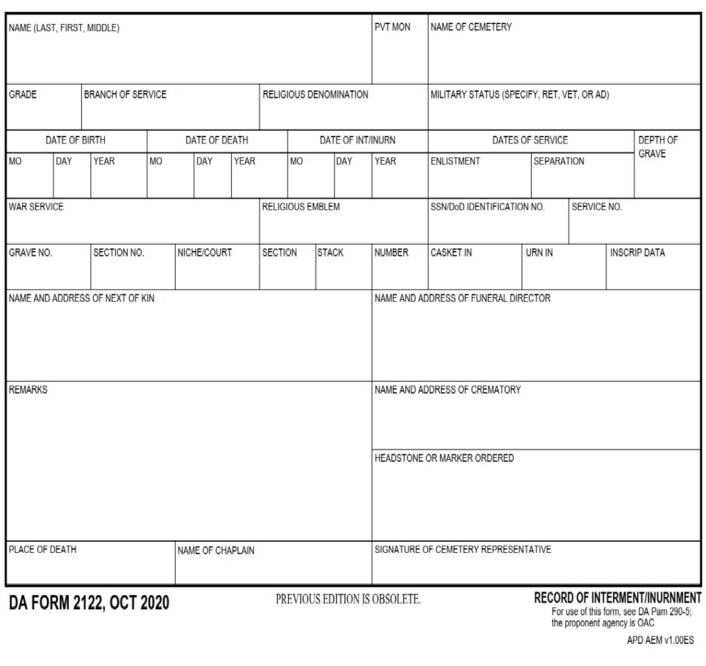 DA Form 2122 - Record Of Internment/Inurnment | Free Online Forms