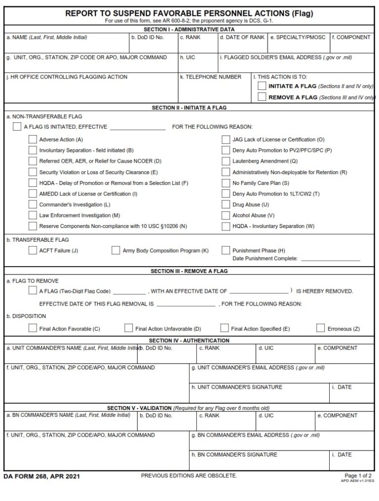 DA Form 268 - Report To Suspend Favorable Personnel Actions (Flag ...