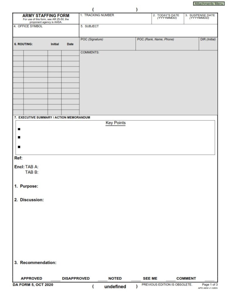 DA Form 5 - Army Staffing Form (For Command Use Only) | Free Online Forms