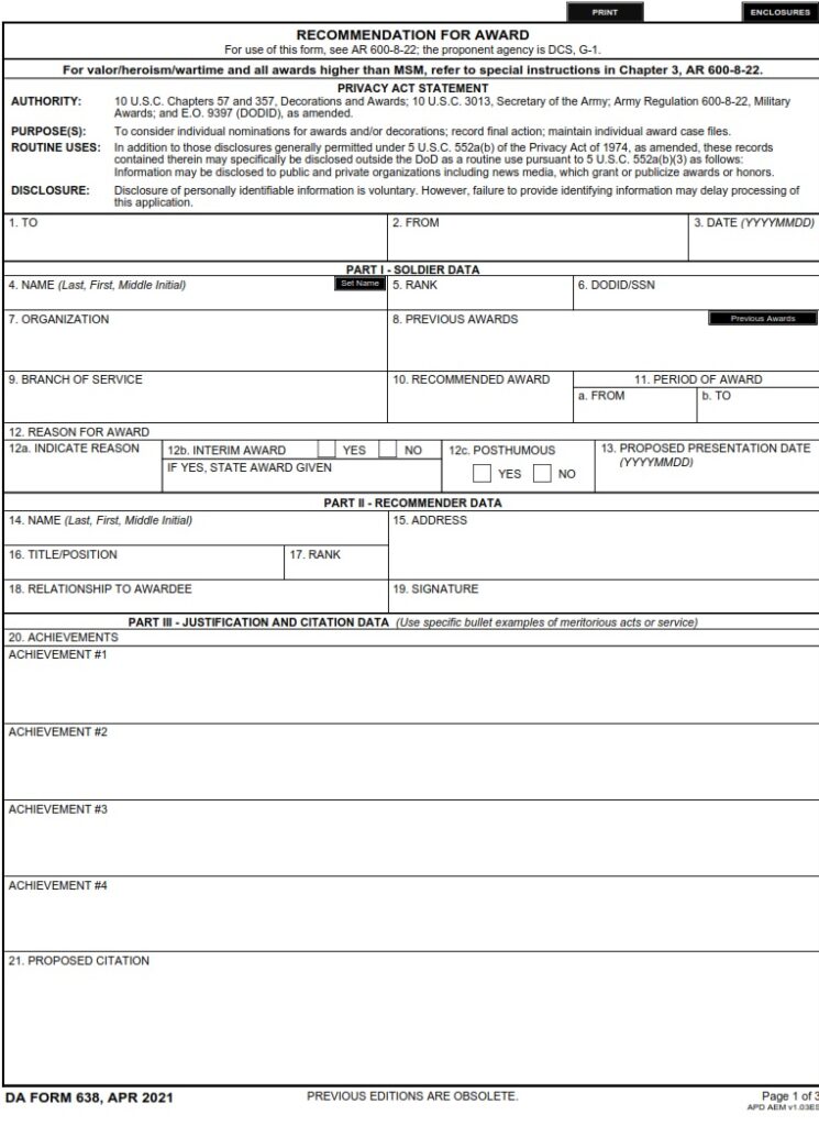 DA Form 638 - Recommendation For Award | Free Online Forms