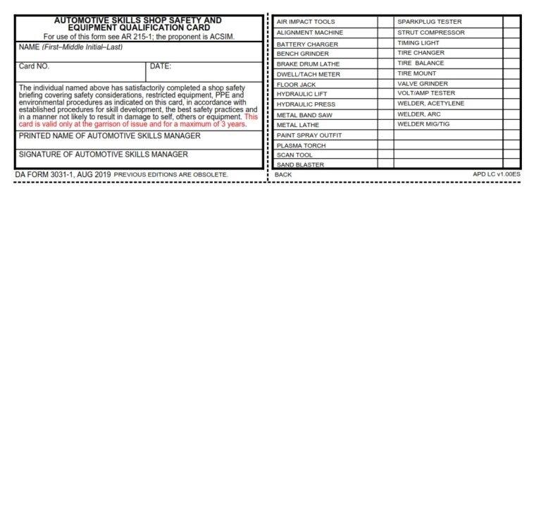 DA Form 3031-1 - Automotive Skills Shop Safety And Equipment ...