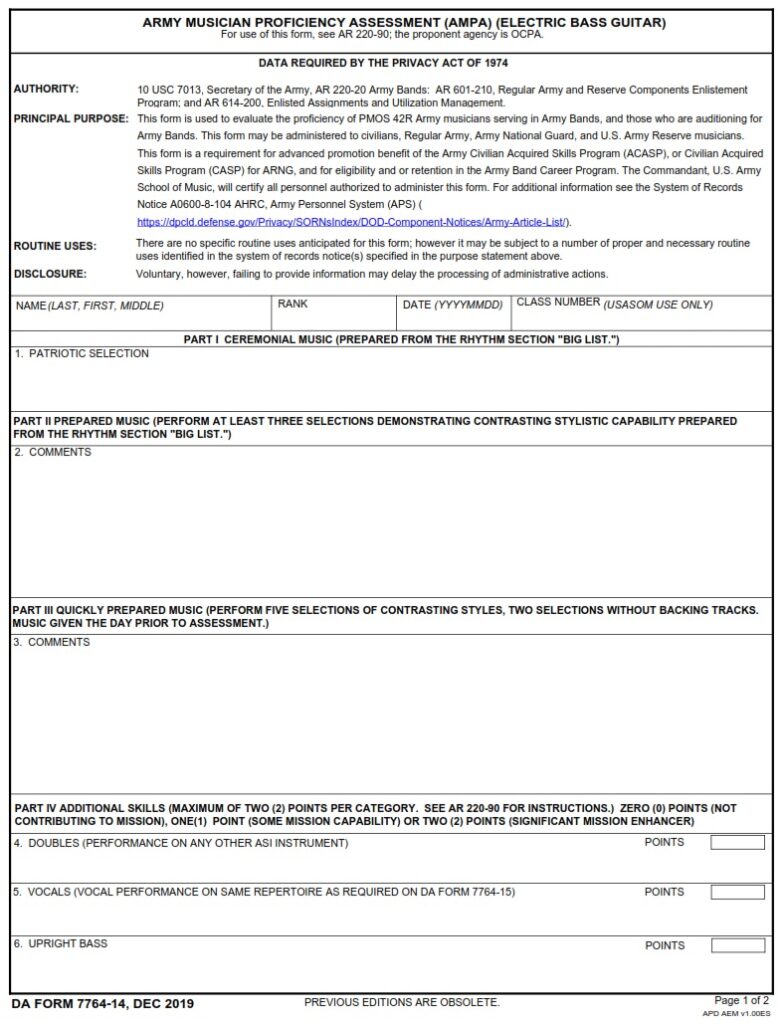 DA Form 7764-14 - Army Musician Proficiency Assessment (AMPA) (Electric ...