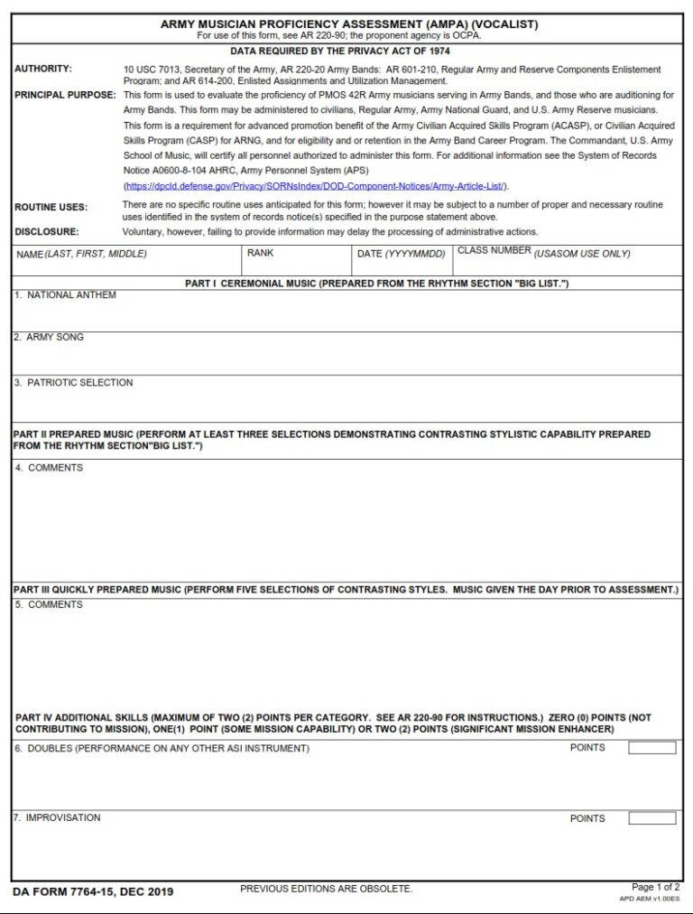 DA Form 7764-15 - Army Musician Proficiency Assessment (AMPA) (Vocalist ...
