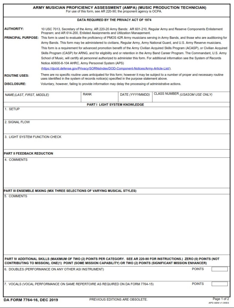 DA Form 7764-16 - Army Musician Proficiency Assessment (AMPA) (Music ...