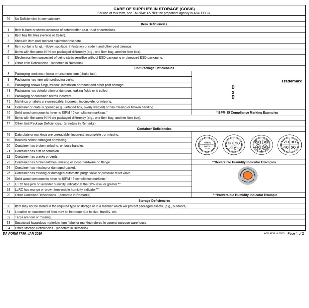 DA Form 7790 - Care Of Supplies In Storage (Cosis) | Free Online Forms