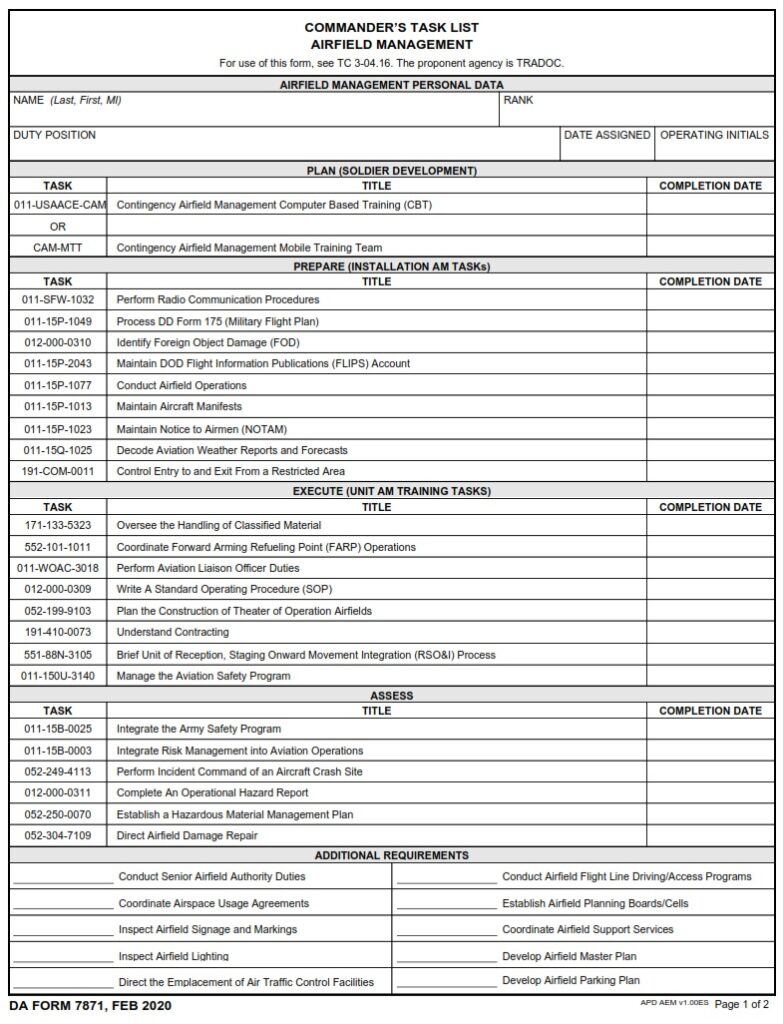 DA Form 7871 - Commander's Task List Airfield Management | Free Online ...
