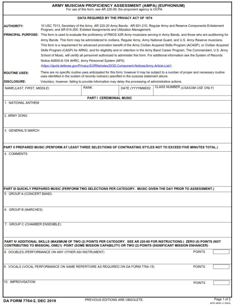 DA Form 7764-2 - Army Musician Proficiency Assessment (AMPA) (Euphonium ...