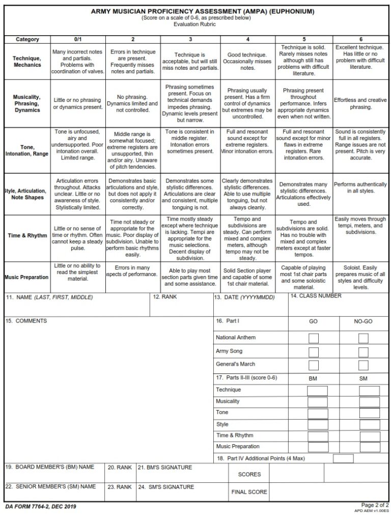 DA Form 7764-2 - Army Musician Proficiency Assessment (AMPA) (Euphonium ...