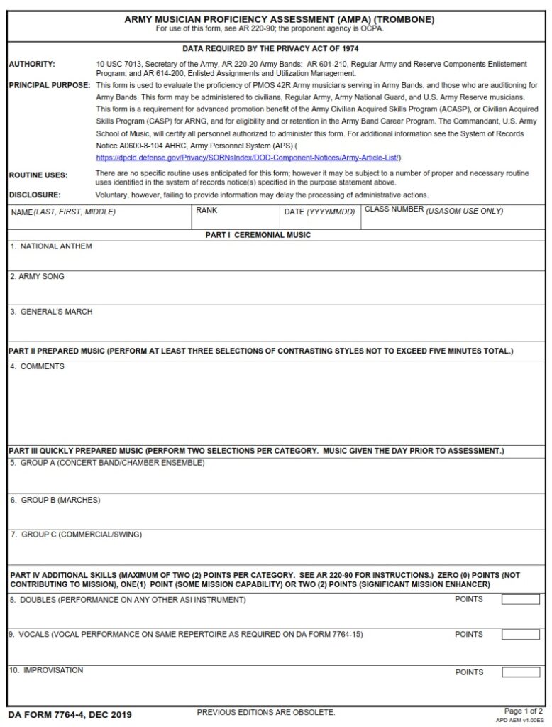 DA Form 7764-4 - Army Musician Proficiency Assessment (AMPA) (Trombone ...
