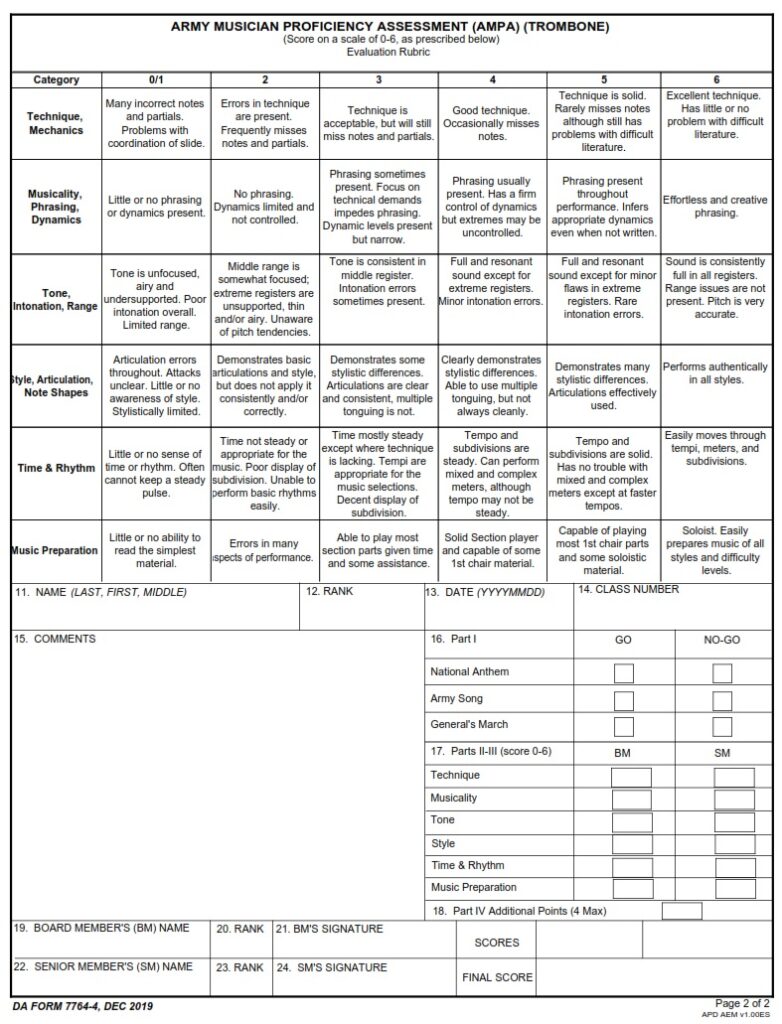 DA Form 7764-4 - Army Musician Proficiency Assessment (AMPA) (Trombone ...
