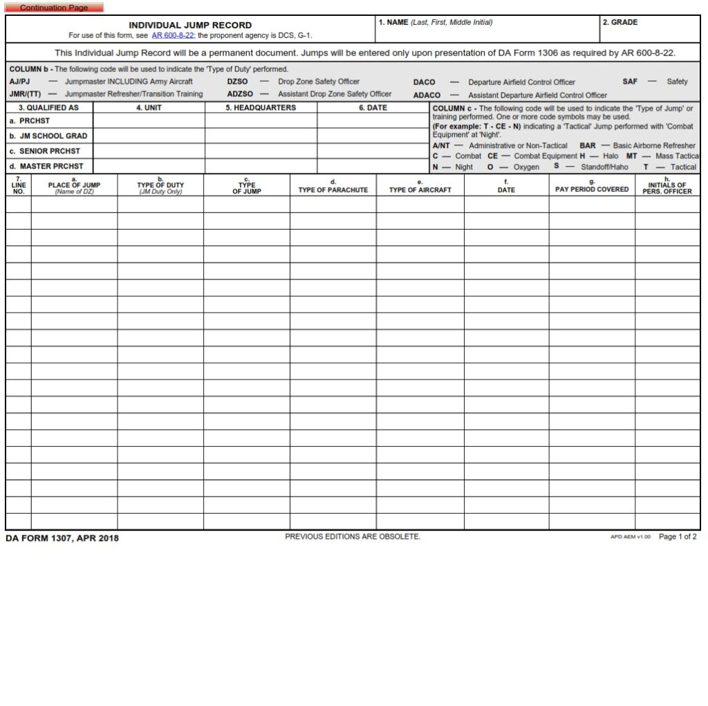 DA Form 1307 - Individual Jump Record | Free Online Forms