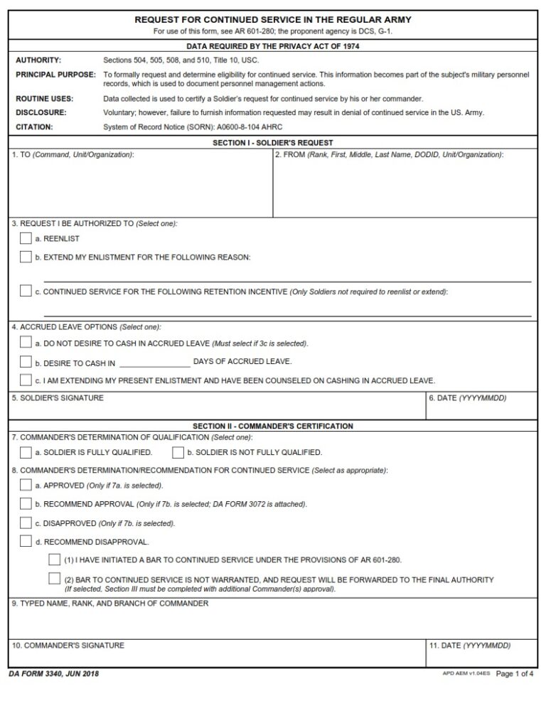 DA Form 3340 - Request For Continued Service In The Regular Army | Free ...