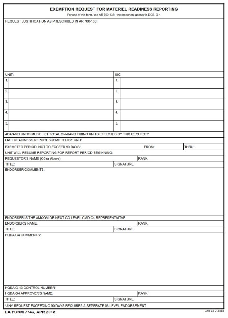 DA Form 7743 - Exemption Request For Materiel Readiness Reporting ...