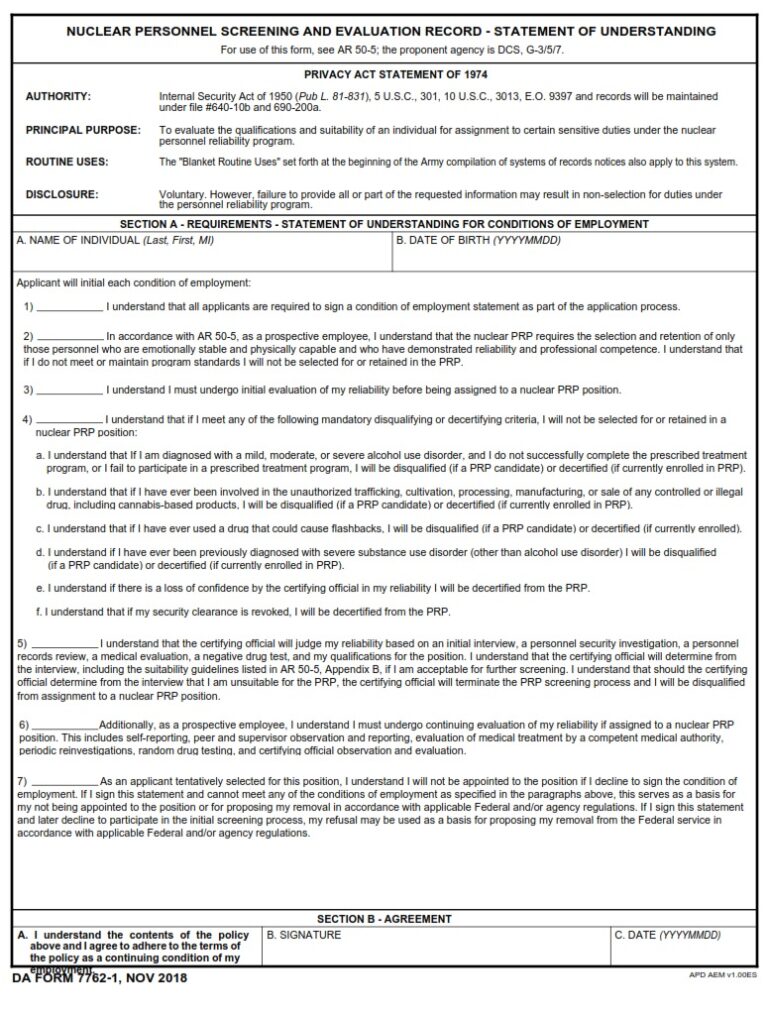 DA Form 7762-1 - Nuclear Personnel Screening And Evaluation Record ...