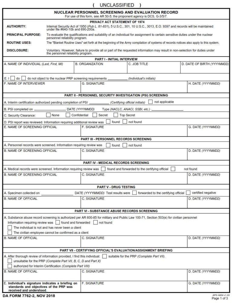 DA Form 7762-2 - Nuclear Personnel Screening And Evaluation Record ...