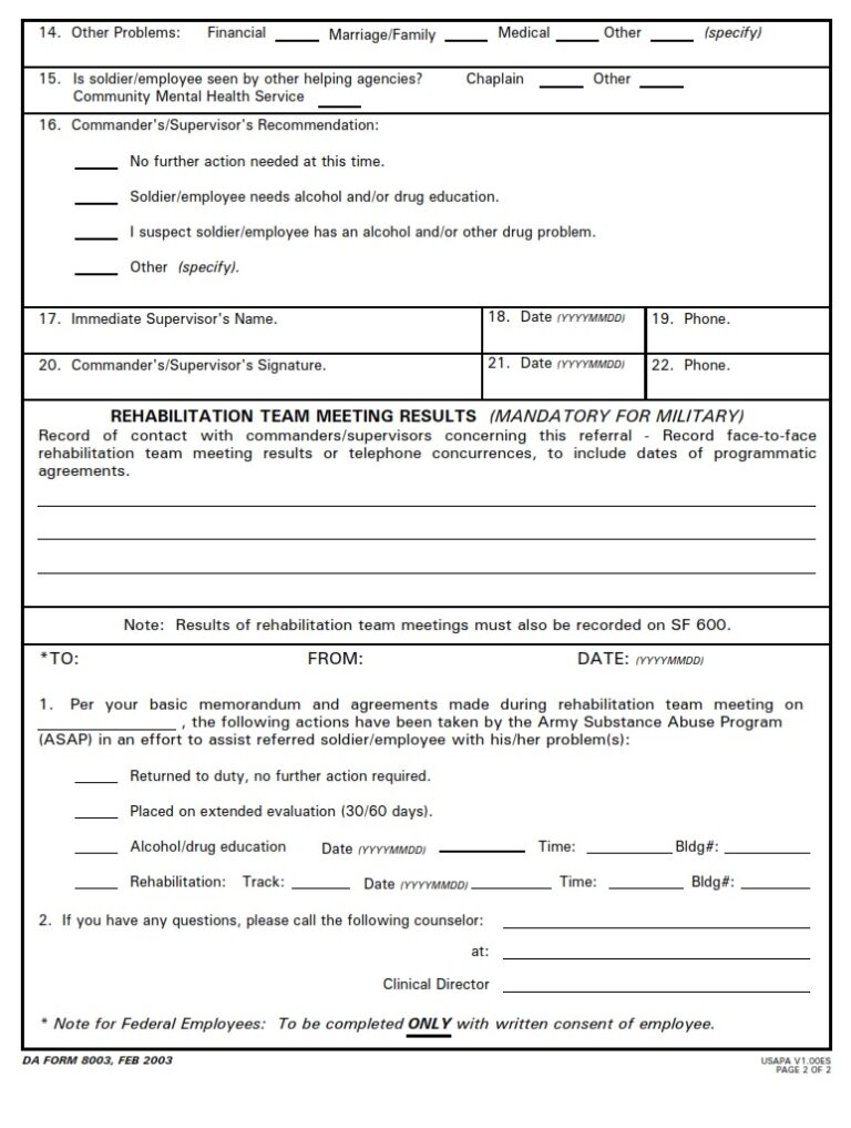 DA Form 8003 - Command Referral For A Substance Use Disorder (SUD ...