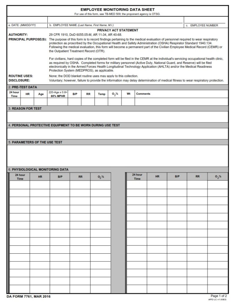 DA Form 7761 - Employee Monitoring Data Sheet | Free Online Forms