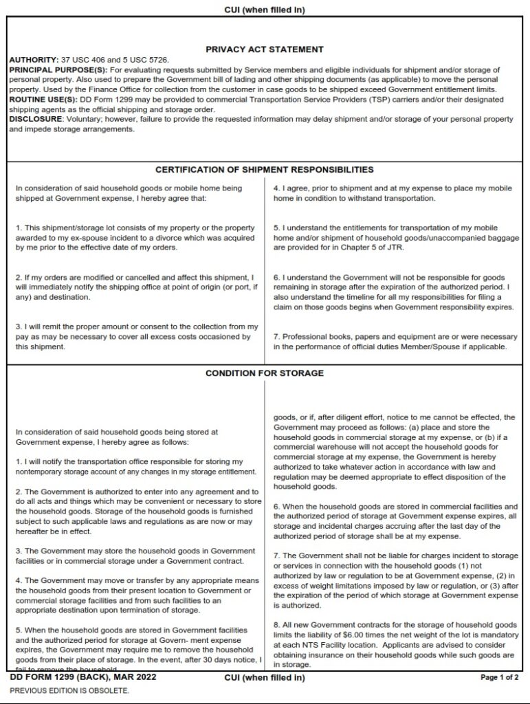 DD Form 1299 - Application For Shipment And/or Storage Of Personal ...