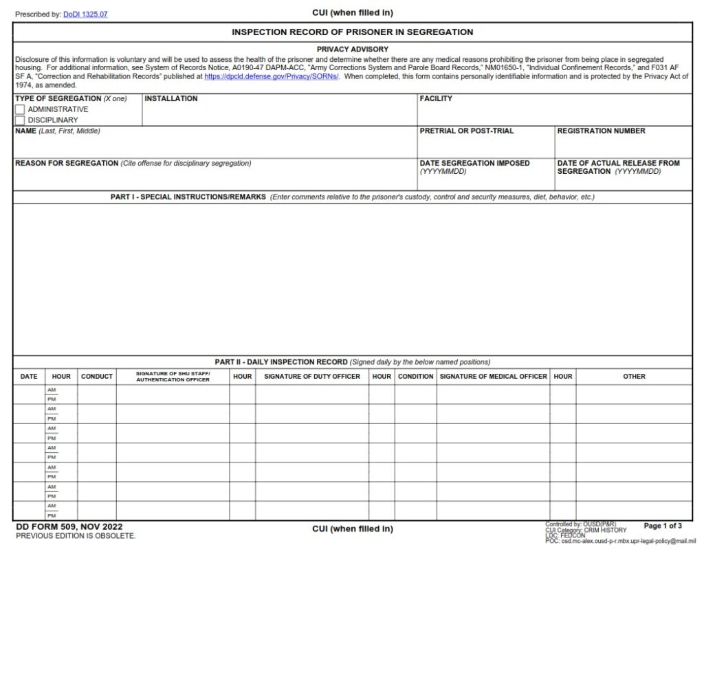 DD Form 509 - Inspection Record Of Prisoner In Segregation | Free ...